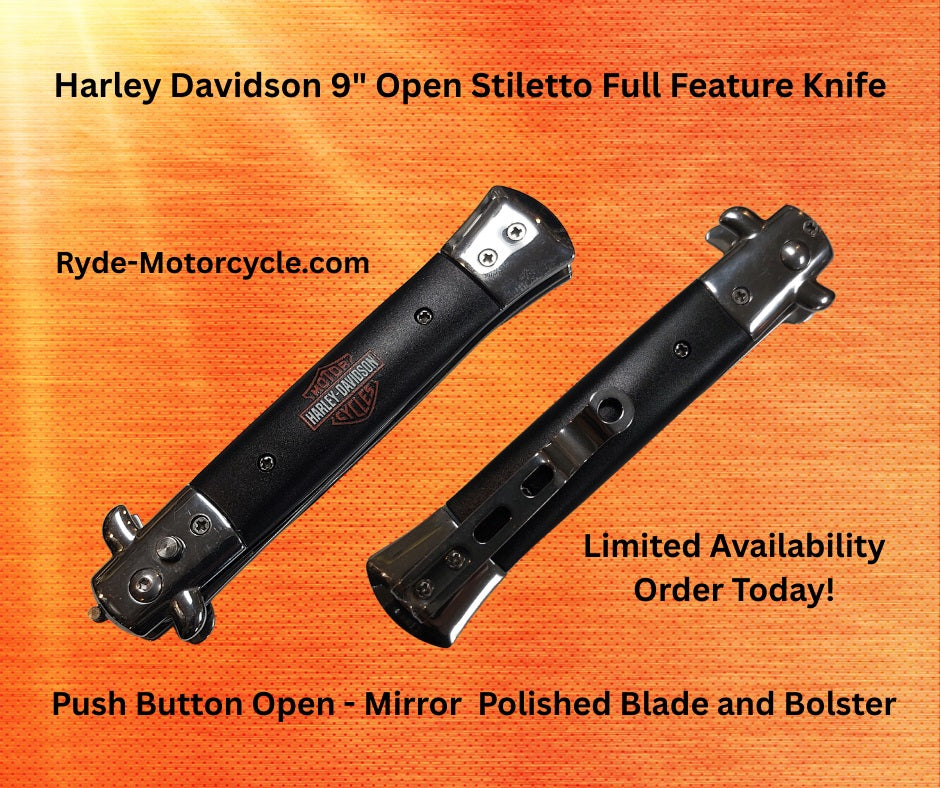 Harley Davidson 9" Stiletto Knife - Push Button Open - Mirror Polished ...